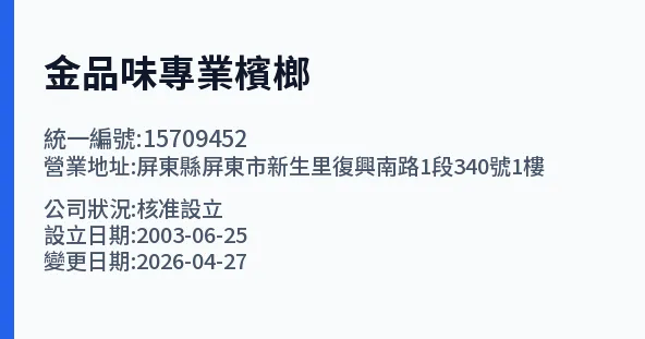 金品味專業檳榔的照片-統編 15709452(屏東縣) 公司登記資料與營業項目詳細圖表