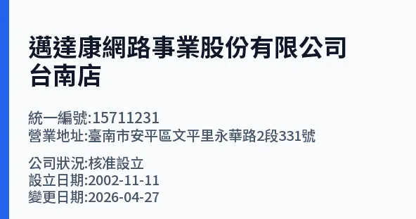 邁達康網路事業股份有限公司台南店的照片-統編 15711231(臺南市) 公司登記資料與營業項目詳細圖表