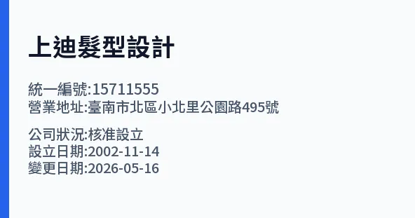 上迪髮型設計的照片-統編 15711555(臺南市) 公司登記資料與營業項目詳細圖表
