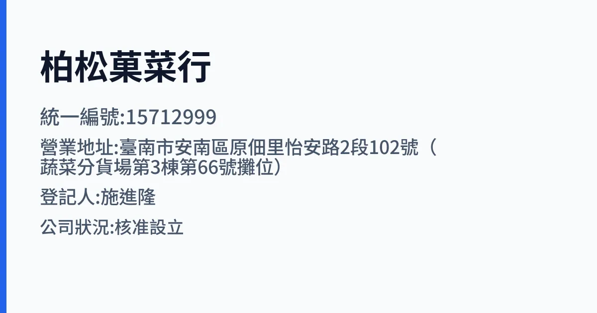 柏松菓菜行 - 統編 15712999(臺南市) 公司登記資料與營業項目詳細圖表