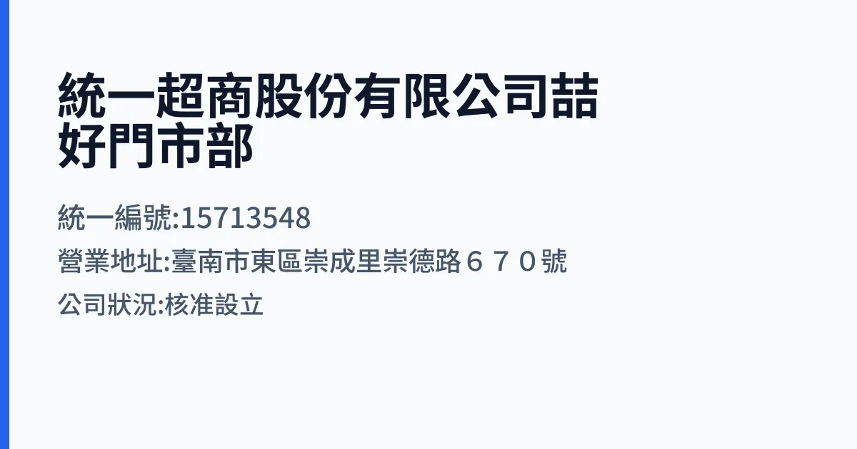 統一超商股份有限公司喆好門市部 - 統編 15713548(臺南市) 公司登記資料與營業項目詳細圖表