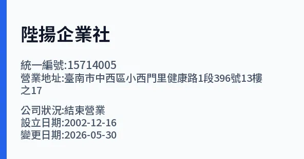 陛揚企業社的照片-統編 15714005(臺南市) 公司登記資料與營業項目詳細圖表