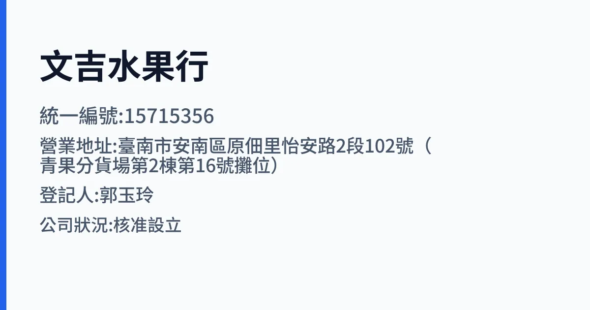 文吉水果行 - 統編 15715356(臺南市) 公司登記資料與營業項目詳細圖表