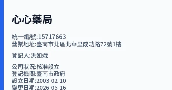 心心藥局的照片-統編 15717663(臺南市) 公司登記資料與營業項目詳細圖表