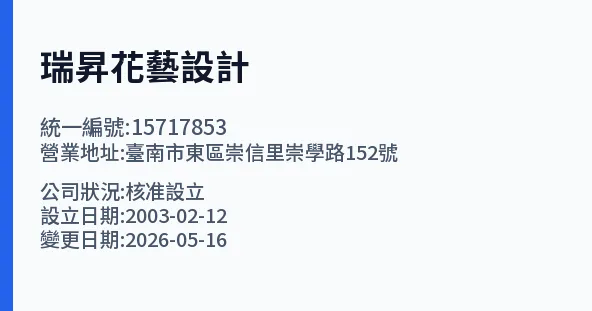 瑞昇花藝設計的照片-統編 15717853(臺南市) 公司登記資料與營業項目詳細圖表