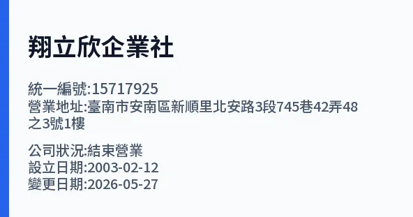 翔立欣企業社的照片-統編 15717925(臺南市) 公司登記資料與營業項目詳細圖表