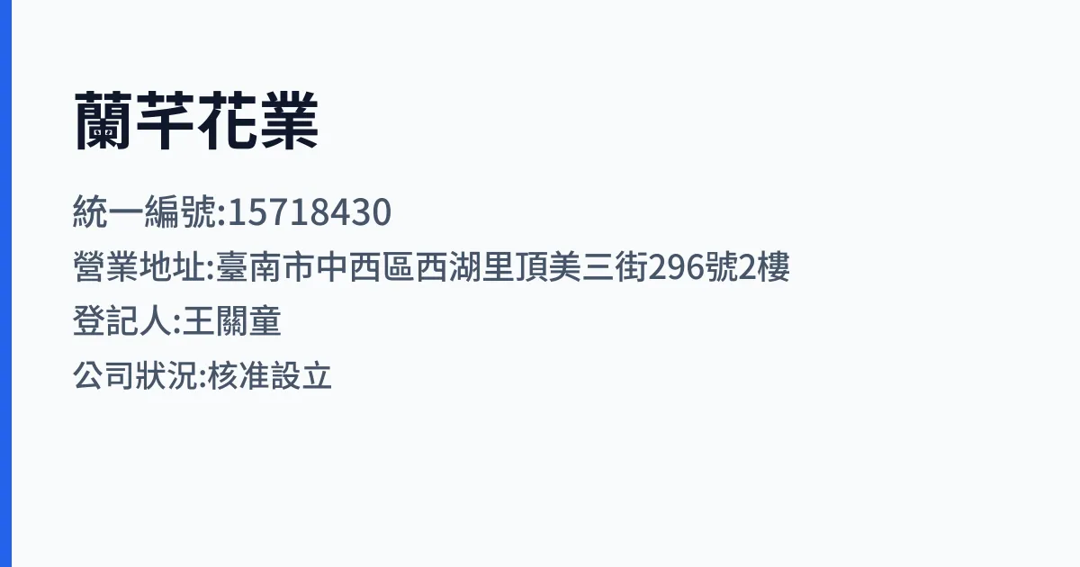 蘭芊花業 - 統編 15718430(臺南市) 公司登記資料與營業項目詳細圖表