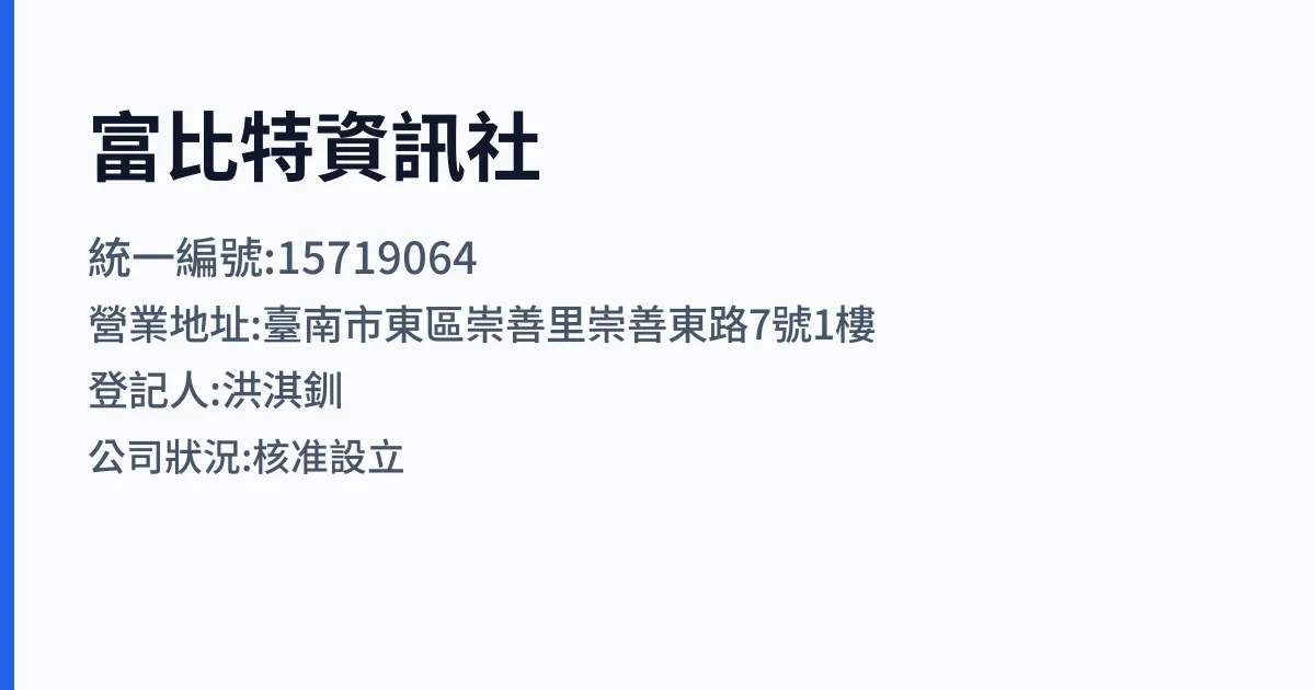 富比特資訊社 - 統編 15719064(臺南市) 公司登記資料與營業項目詳細圖表