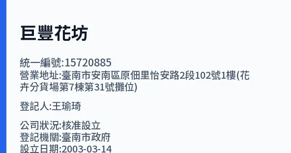 巨豐花坊的照片-統編 15720885(臺南市) 公司登記資料與營業項目詳細圖表