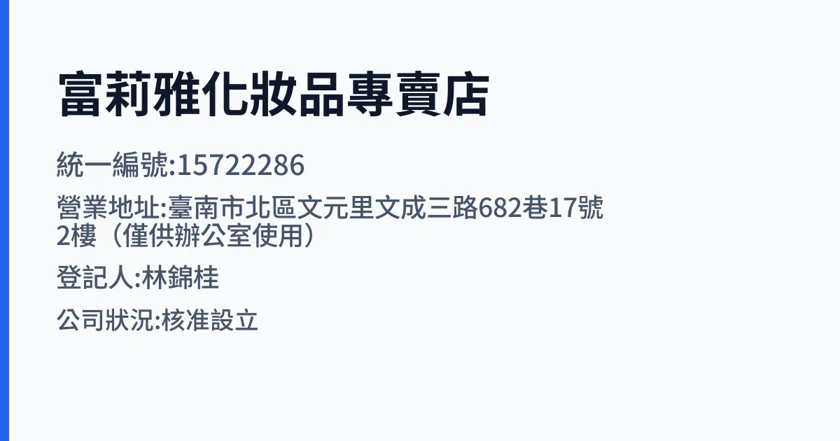 富莉雅化妝品專賣店 - 統編 15722286(臺南市) 公司登記資料與營業項目詳細圖表