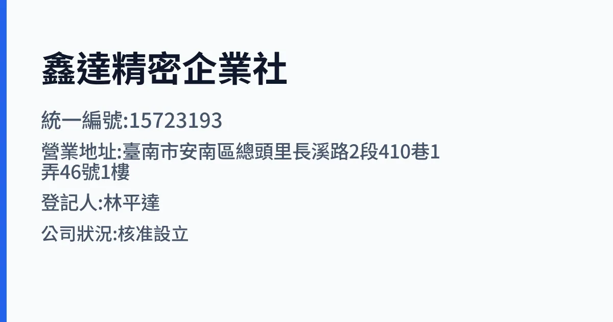 鑫達精密企業社 - 統編 15723193(臺南市) 公司登記資料與營業項目詳細圖表