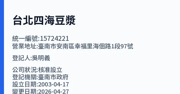 台北四海豆漿的照片-統編 15724221(臺南市) 公司登記資料與營業項目詳細圖表