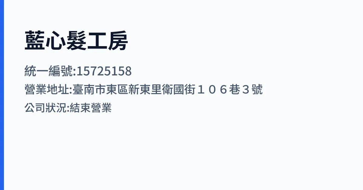 藍心髮工房 - 統編 15725158(臺南市) 公司登記資料與營業項目詳細圖表