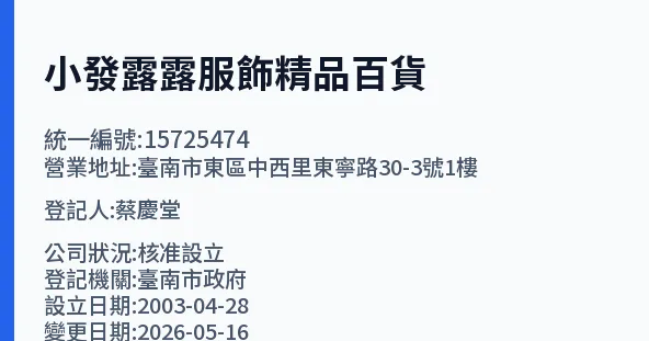 小發露露服飾精品百貨的照片-統編 15725474(臺南市) 公司登記資料與營業項目詳細圖表