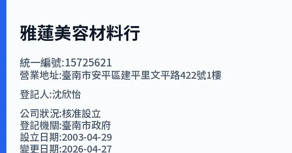雅蓮美容材料行的照片-統編 15725621(臺南市) 公司登記資料與營業項目詳細圖表