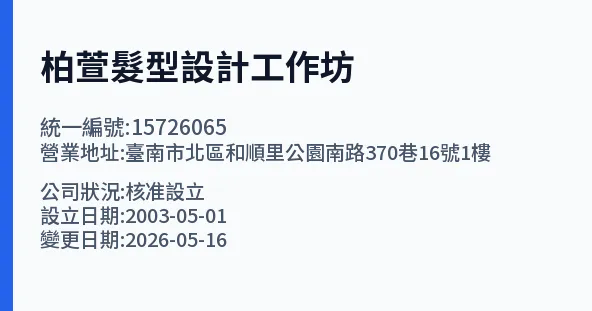 柏萱髮型設計工作坊的照片-統編 15726065(臺南市) 公司登記資料與營業項目詳細圖表