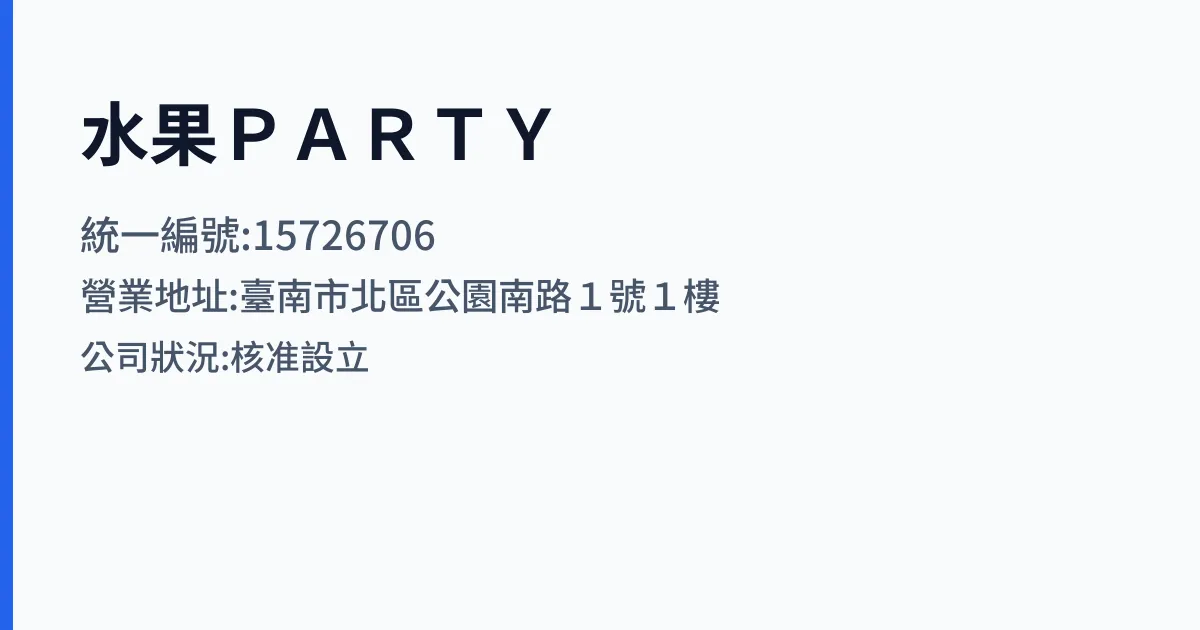 水果ＰＡＲＴＹ - 統編 15726706(臺南市) 公司登記資料與營業項目詳細圖表