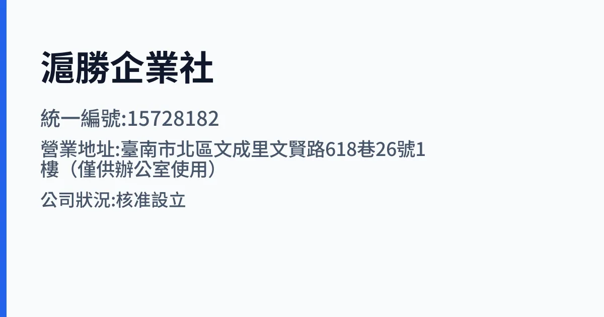 滬勝企業社 - 統編 15728182(臺南市) 公司登記資料與營業項目詳細圖表