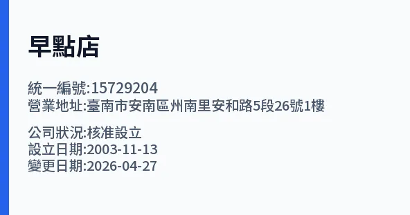 早點店的照片-統編 15729204(臺南市) 公司登記資料與營業項目詳細圖表