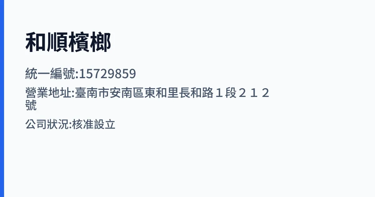 和順檳榔 - 統編 15729859(臺南市) 公司登記資料與營業項目詳細圖表