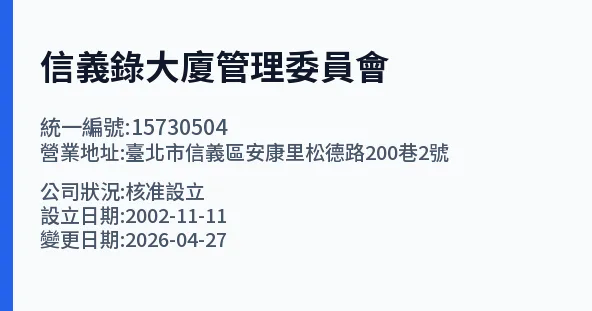 信義錄大廈管理委員會的照片-統編 15730504(臺北市) 公司登記資料與營業項目詳細圖表