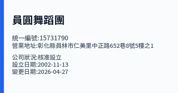 員圓舞蹈團的照片-統編 15731790(彰化縣) 公司登記資料與營業項目詳細圖表
