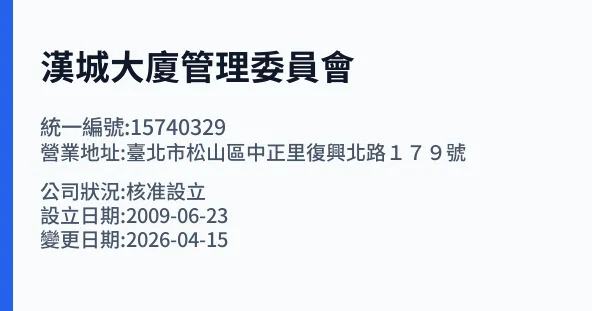 漢城大廈管理委員會的照片-統編 15740329(臺北市) 公司登記資料與營業項目詳細圖表