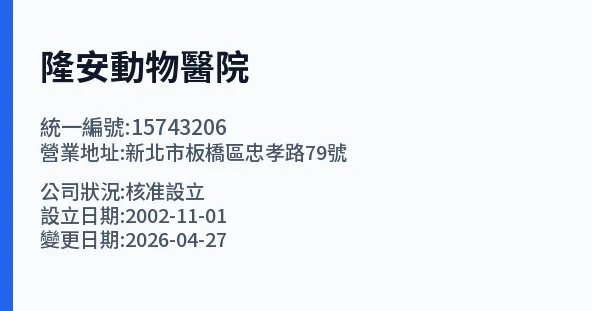 隆安動物醫院的照片-統編 15743206(新北市) 公司登記資料與營業項目詳細圖表