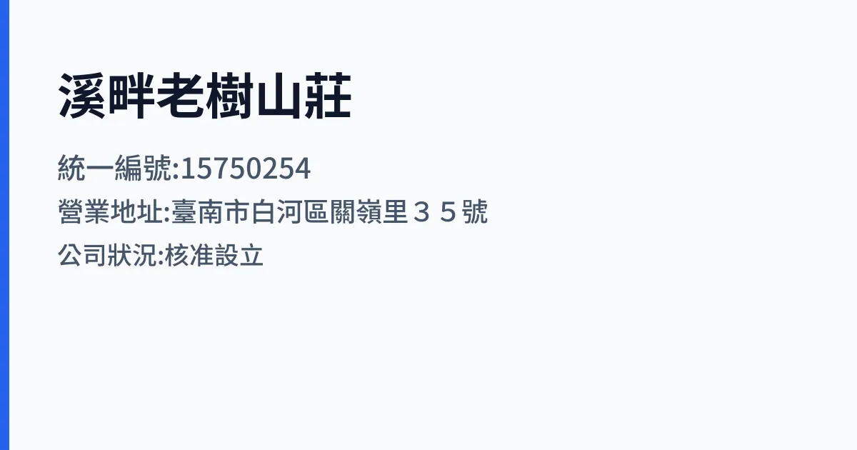溪畔老樹山莊 - 統編 15750254(臺南市) 公司登記資料與營業項目詳細圖表