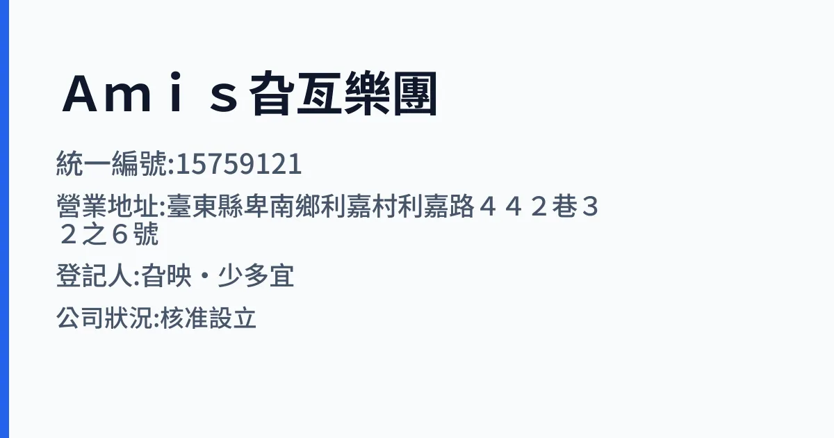 Ａｍｉｓ旮亙樂團 - 統編 15759121(臺東縣) 公司登記資料與營業項目詳細圖表