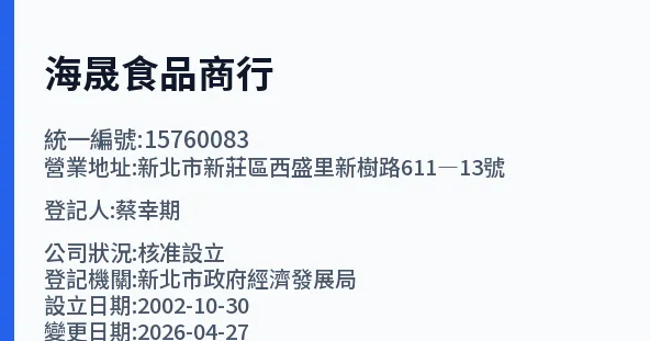 海晟食品商行的照片-統編 15760083(新北市) 公司登記資料與營業項目詳細圖表