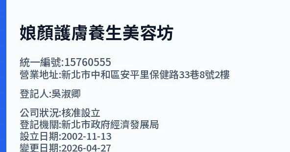 娘顏護膚養生美容坊的照片-統編 15760555(新北市) 公司登記資料與營業項目詳細圖表