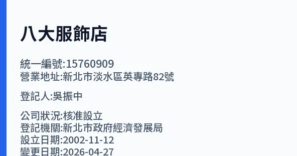 八大服飾店的照片-統編 15760909(新北市) 公司登記資料與營業項目詳細圖表