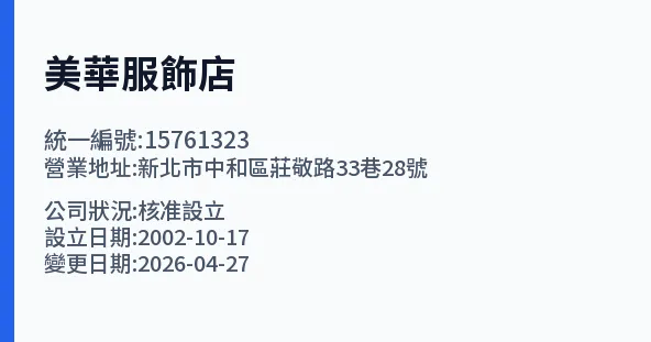 美華服飾店的照片-統編 15761323(新北市) 公司登記資料與營業項目詳細圖表
