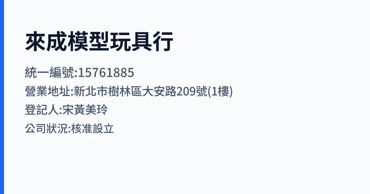 來成模型玩具行 - 統編 15761885(新北市) 公司登記資料與營業項目詳細圖表