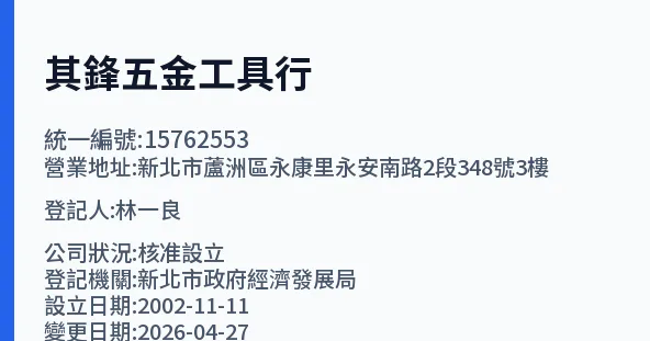 其鋒五金工具行的照片-統編 15762553(新北市) 公司登記資料與營業項目詳細圖表