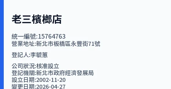 老三檳榔店的照片-統編 15764763(新北市) 公司登記資料與營業項目詳細圖表