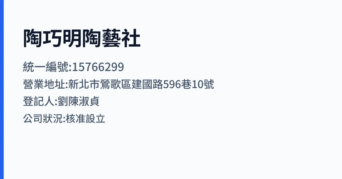 陶巧明陶藝社 - 統編 15766299(新北市) 公司登記資料與營業項目詳細圖表