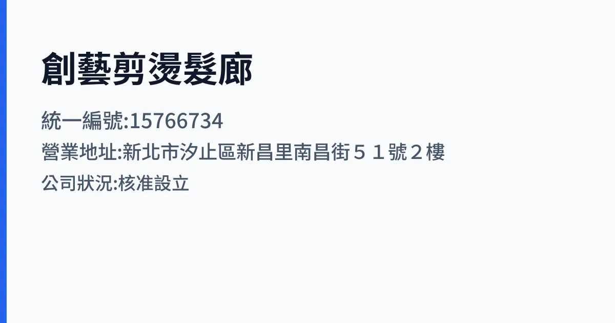 創藝剪燙髮廊 - 統編 15766734(新北市) 公司登記資料與營業項目詳細圖表