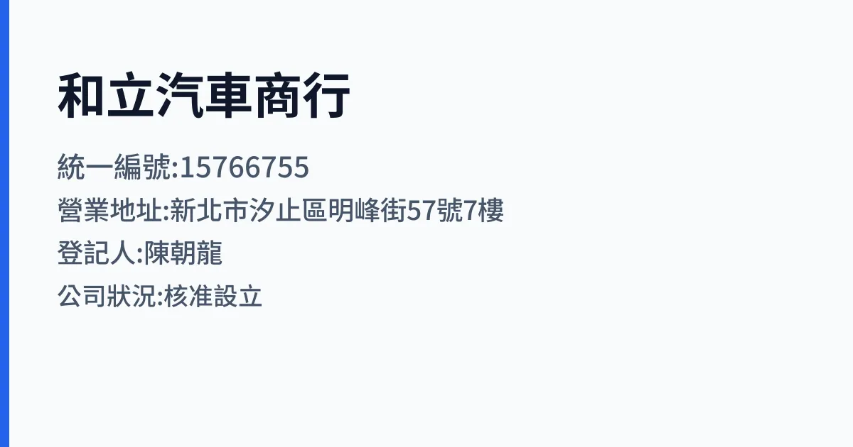 和立汽車商行 - 統編 15766755(新北市) 公司登記資料與營業項目詳細圖表