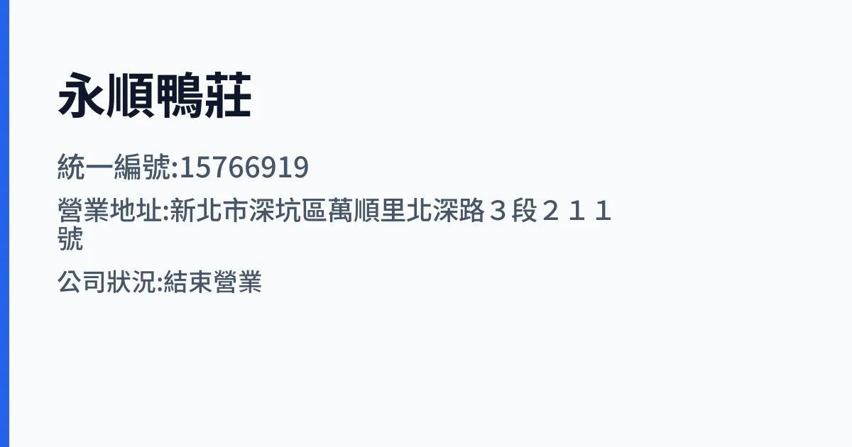 永順鴨莊 - 統編 15766919(新北市) 公司登記資料與營業項目詳細圖表