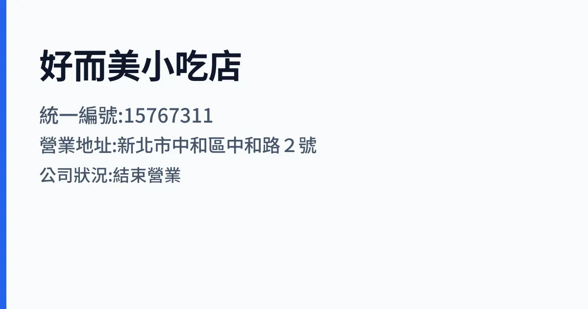 好而美小吃店 - 統編 15767311(新北市) 公司登記資料與營業項目詳細圖表