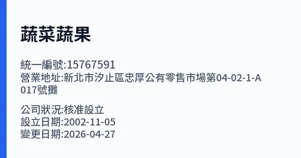 蔬菜蔬果的照片-統編 15767591(新北市) 公司登記資料與營業項目詳細圖表