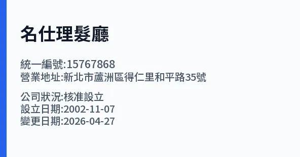 名仕理髮廳的照片-統編 15767868(新北市) 公司登記資料與營業項目詳細圖表
