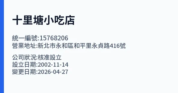 十里塘小吃店的照片-統編 15768206(新北市) 公司登記資料與營業項目詳細圖表