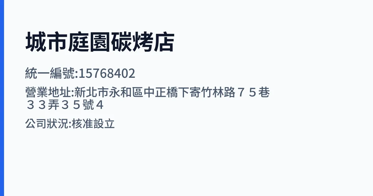 城市庭園碳烤店 - 統編 15768402(新北市) 公司登記資料與營業項目詳細圖表