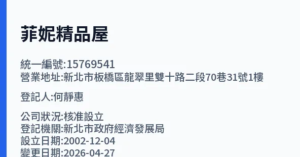 菲妮精品屋的照片-統編 15769541(新北市) 公司登記資料與營業項目詳細圖表