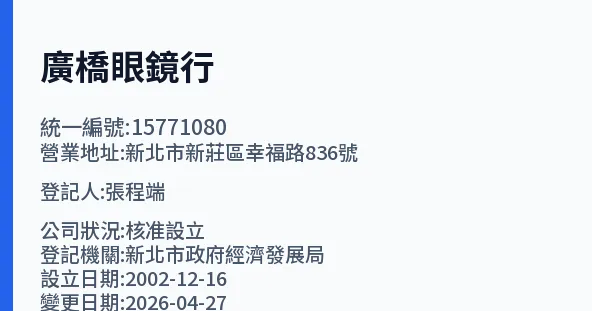 廣橋眼鏡行的照片-統編 15771080(新北市) 公司登記資料與營業項目詳細圖表