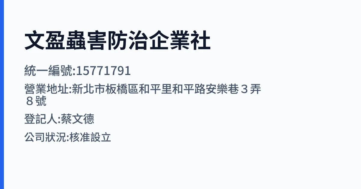 文盈蟲害防治企業社 - 統編 15771791(新北市) 公司登記資料與營業項目詳細圖表