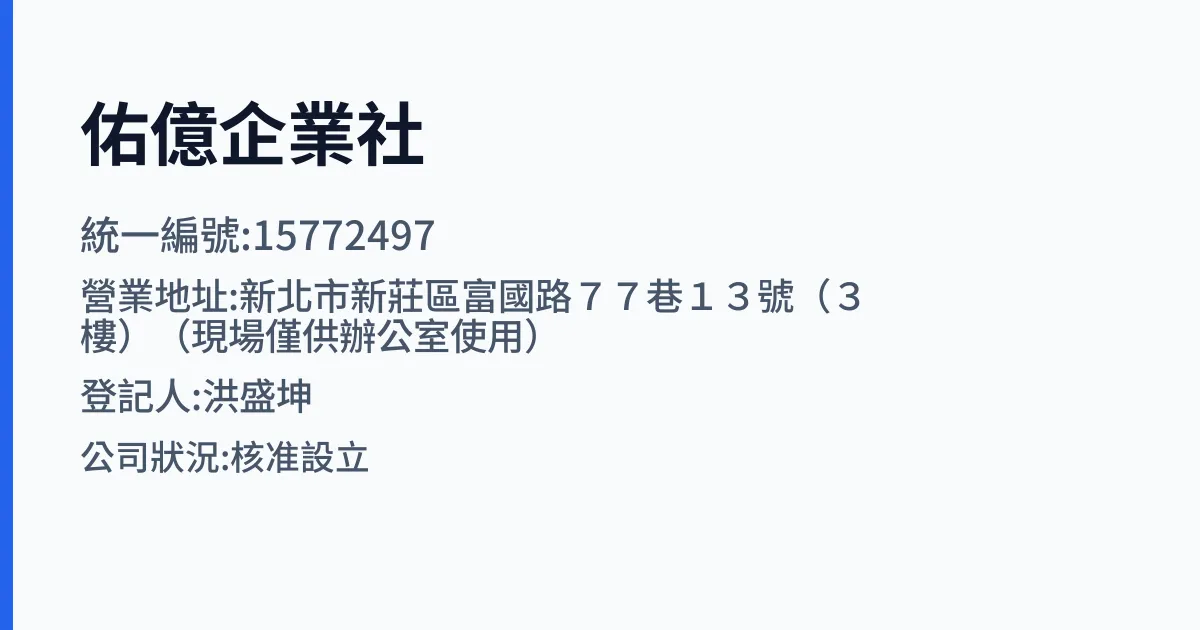 佑億企業社 - 統編 15772497(新北市) 公司登記資料與營業項目詳細圖表